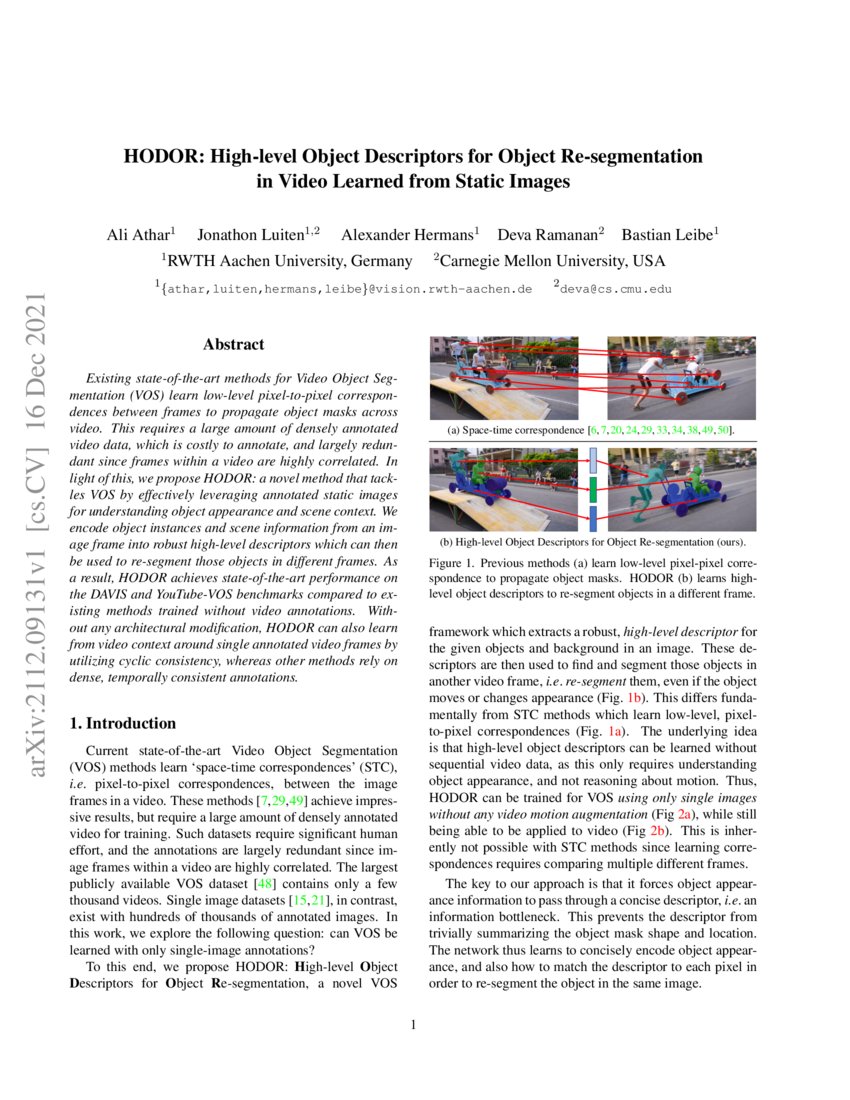 Hodor High Level Object Descriptors For Object Re Segmentation In Video Learned From Static