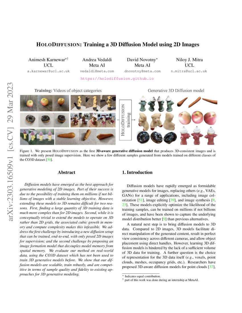 HoloDiffusion: Training a 3D Diffusion Model using 2D Images | DeepAI