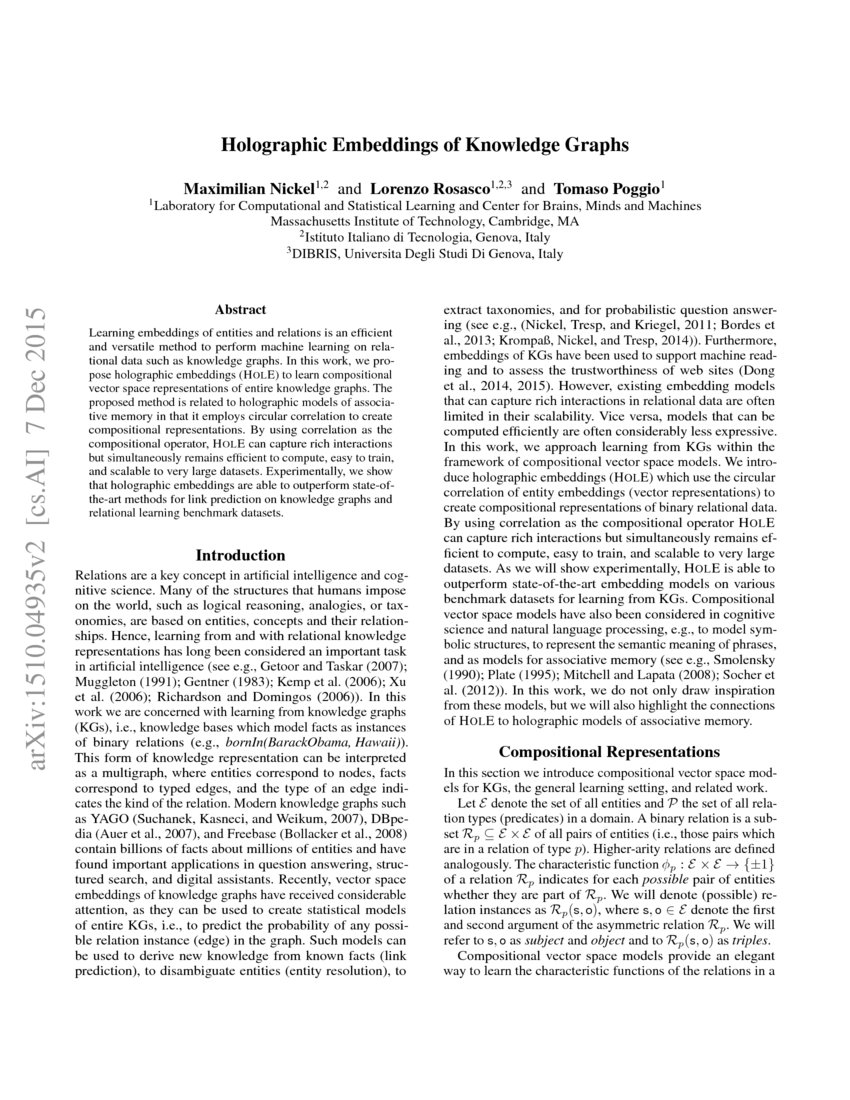Holographic Embeddings of Knowledge Graphs | DeepAI