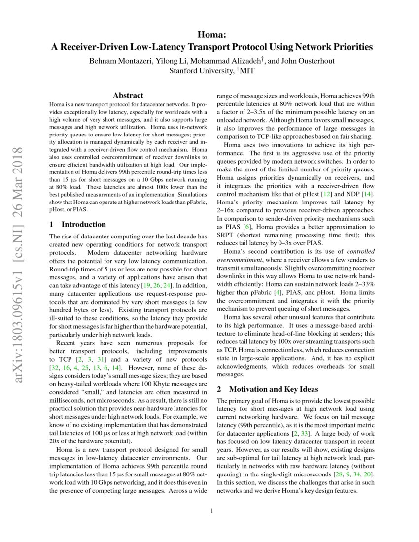 Homa: A Receiver-Driven Low-Latency Transport Protocol Using Network Priorities | DeepAI