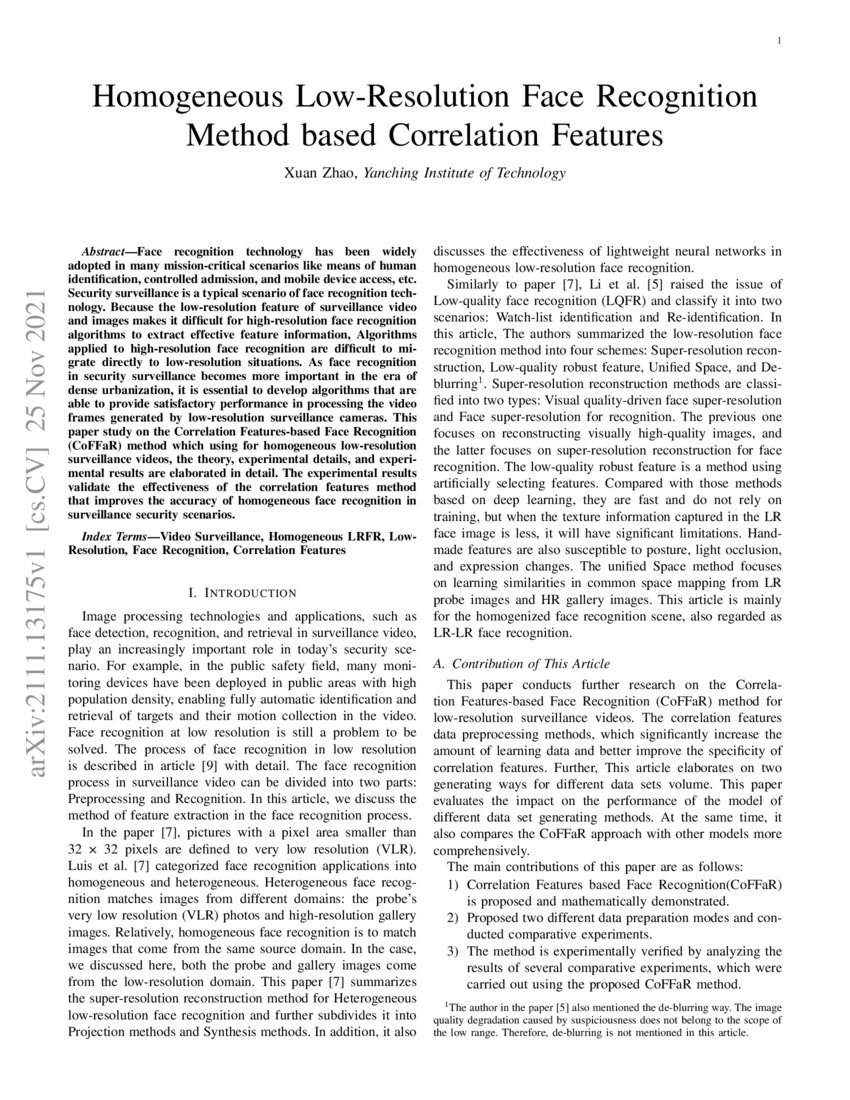 Homogeneous Low-Resolution Face Recognition Method based Correlation Features | DeepAI