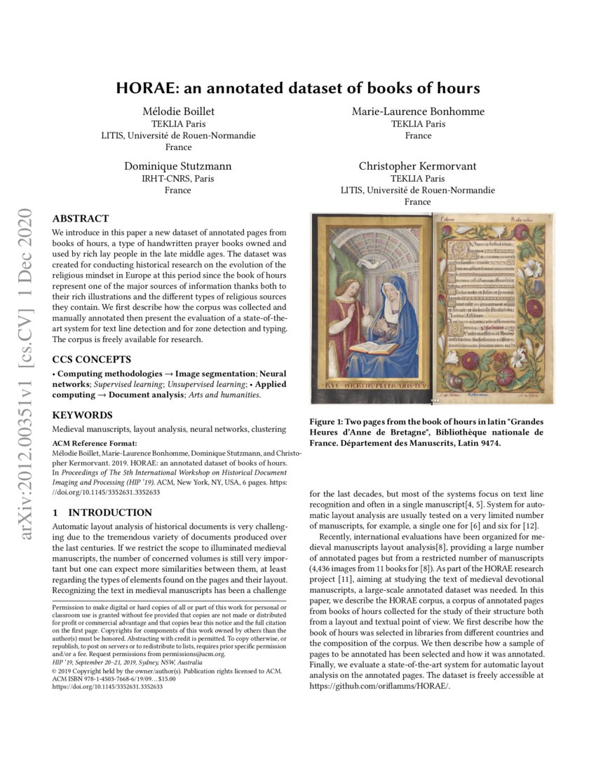 HORAE: an annotated dataset of books of hours | DeepAI