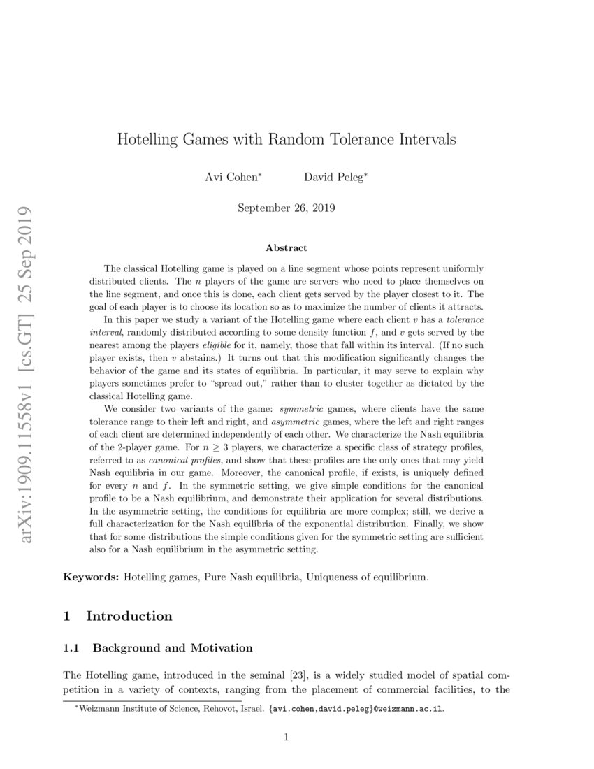 Hotelling Games with Random Tolerance Intervals | DeepAI