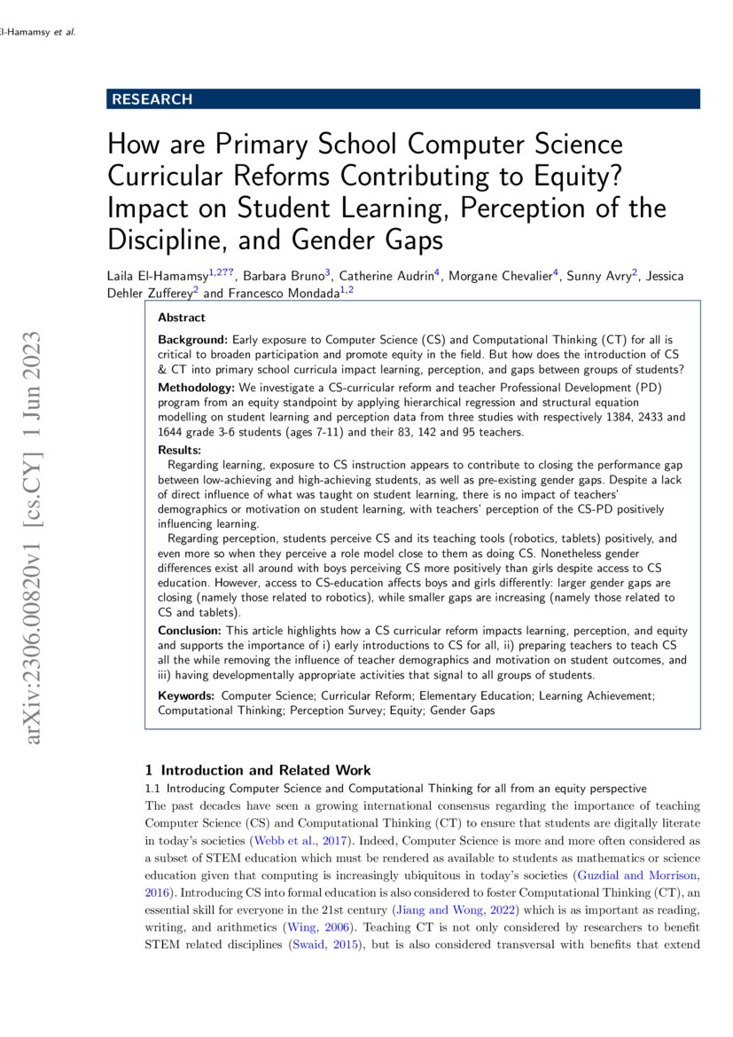 How are Primary School Computer Science Curricular Reforms Contributing to Equity? Impact on ...