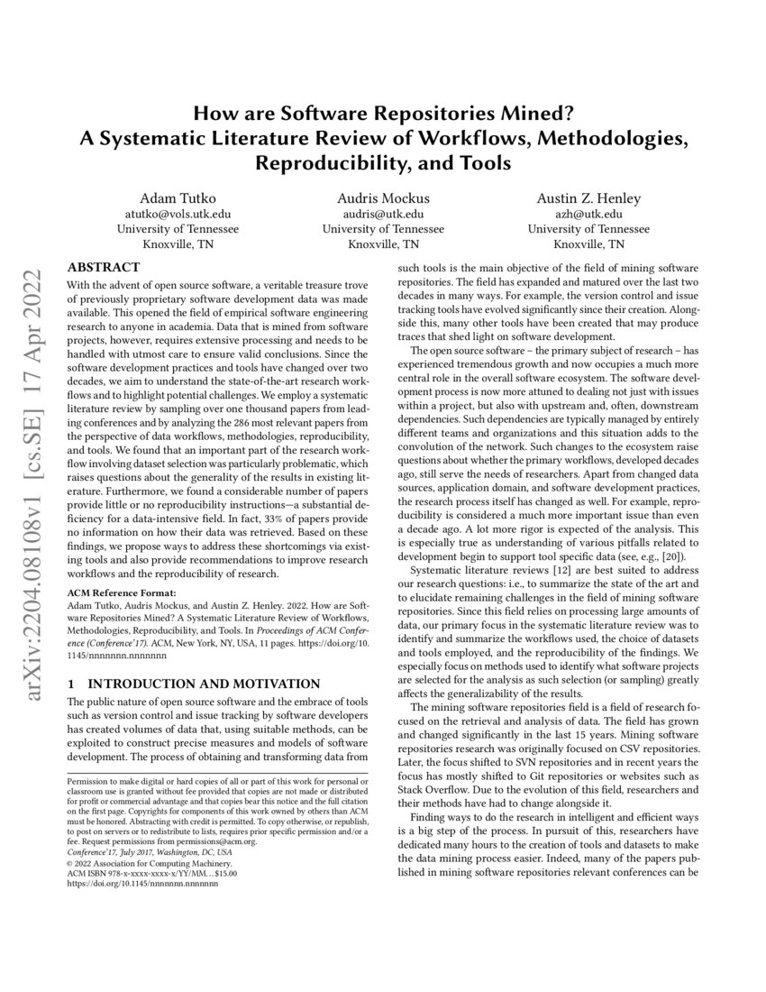 How are Software Repositories Mined? A Systematic Literature Review of ...