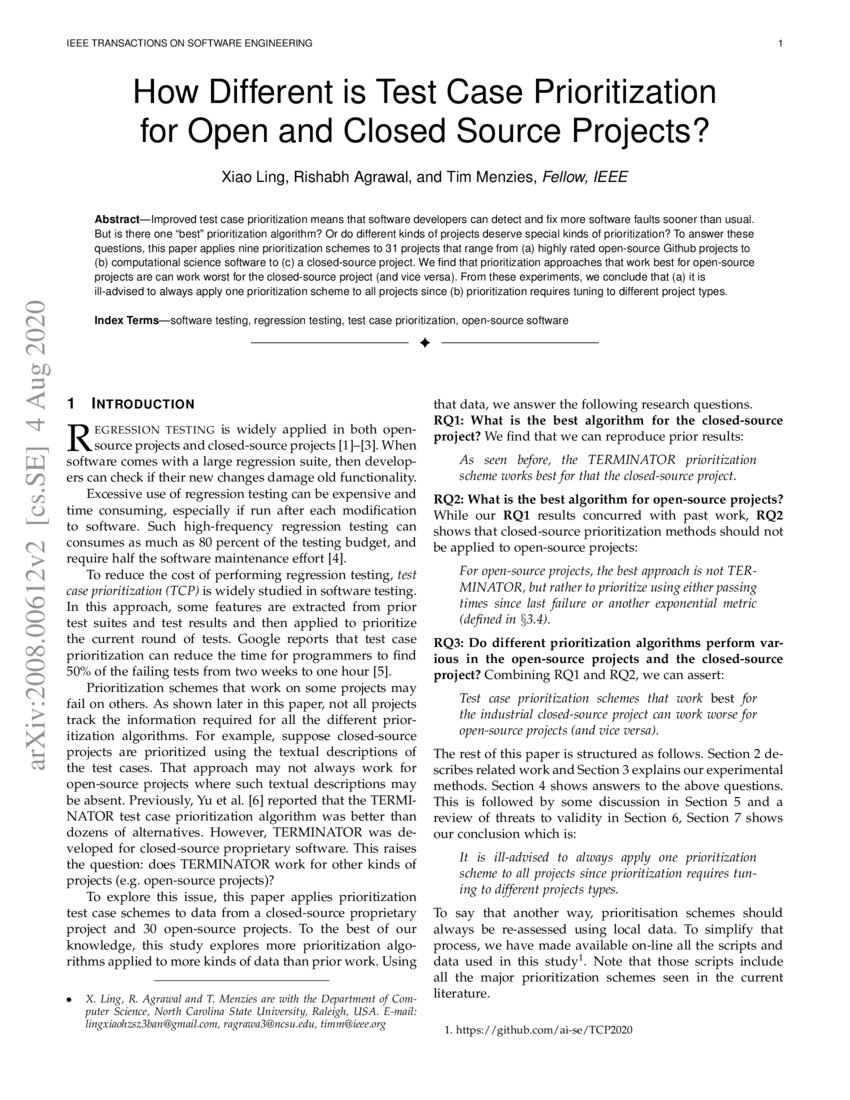 How Different Is Test Case Prioritization For Open And Closed Source Projects Deepai