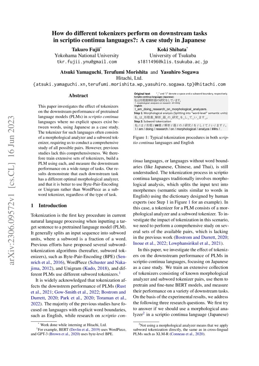 How do different tokenizers perform on downstream tasks in scriptio continua languages?: A case ...