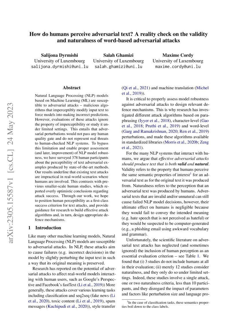 How do humans perceive adversarial text? A reality check on the ...