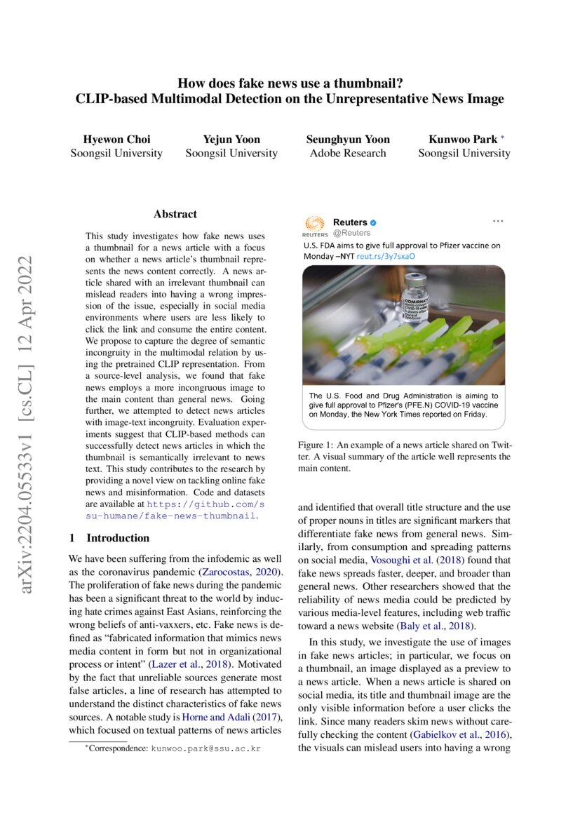 How does fake news use a thumbnail? CLIP-based Multimodal Detection on ...