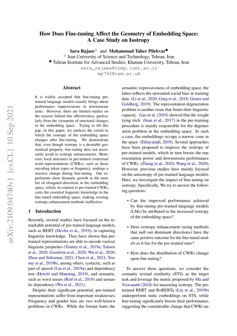 How Does Fine-tuning Affect the Geometry of Embedding Space: A Case Study on Isotropy | DeepAI