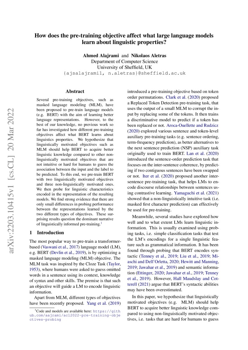 How does the pre-training objective affect what large language models ...