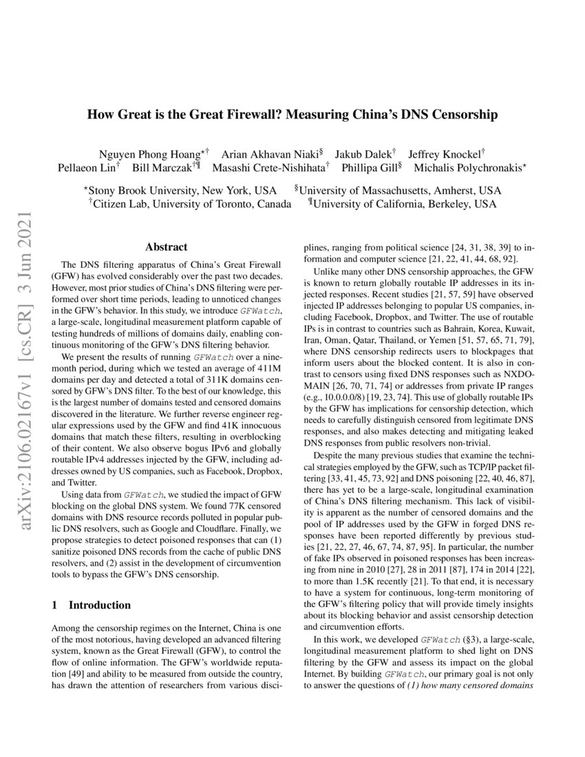 How Great is the Great Firewall? Measuring China's DNS Censorship | DeepAI