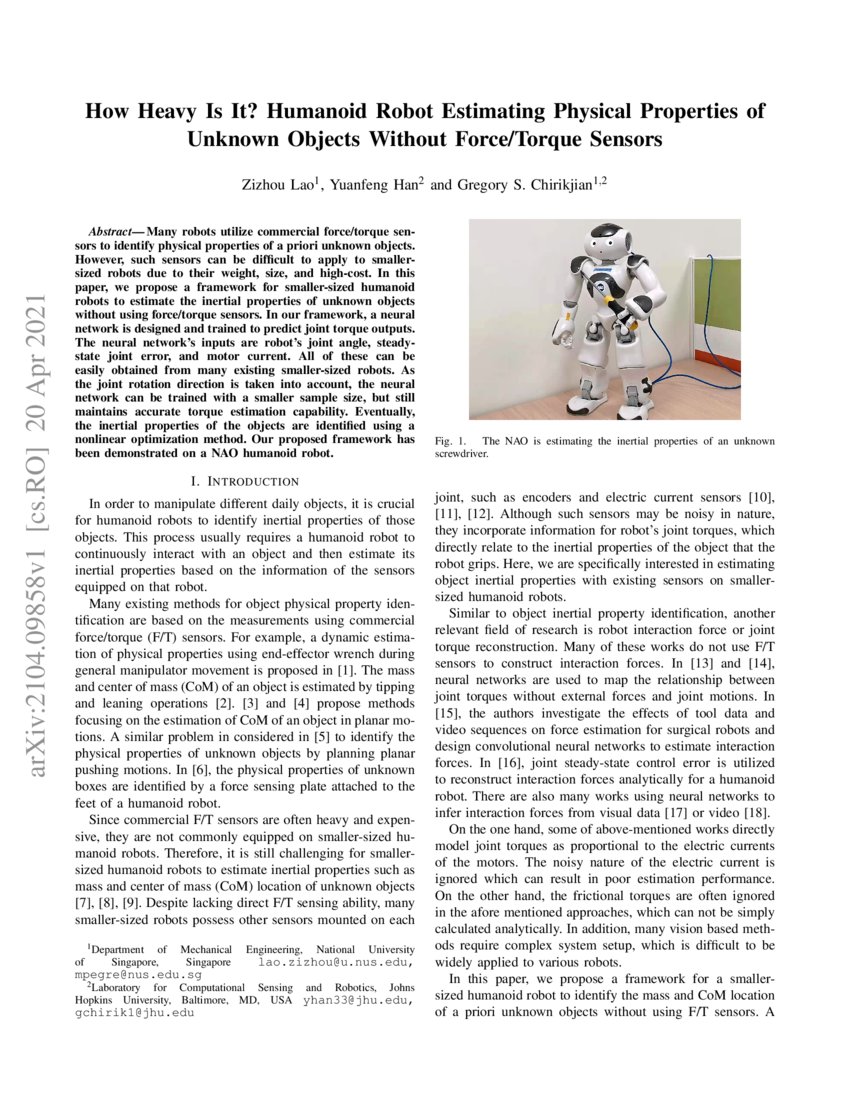 How Heavy Is It? Humanoid Robot Estimating Physical Properties of Unknown Objects Without Force ...