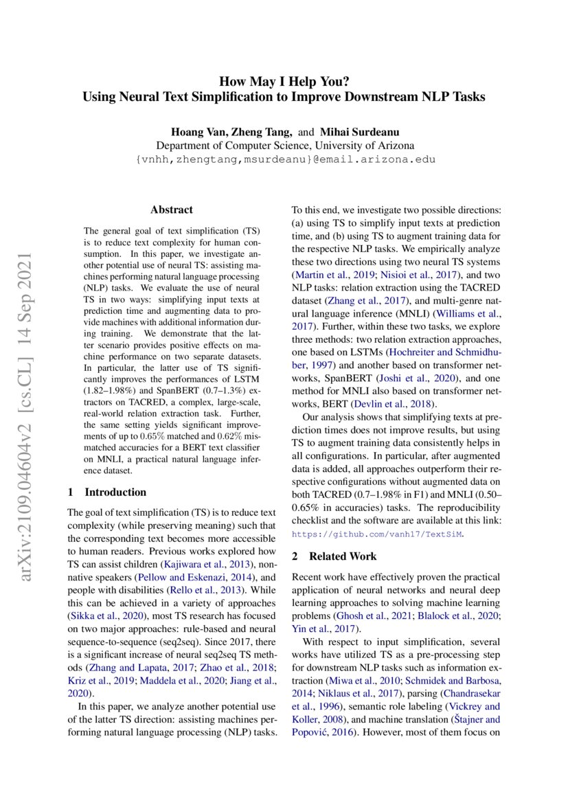 How May I Help You Using Neural Text Simplification To Improve Downstream Nlp Tasks Deepai