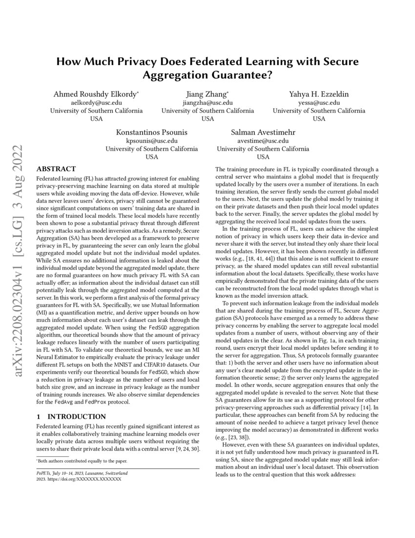 How Much Privacy Does Federated Learning With Secure Aggregation Guarantee Deepai