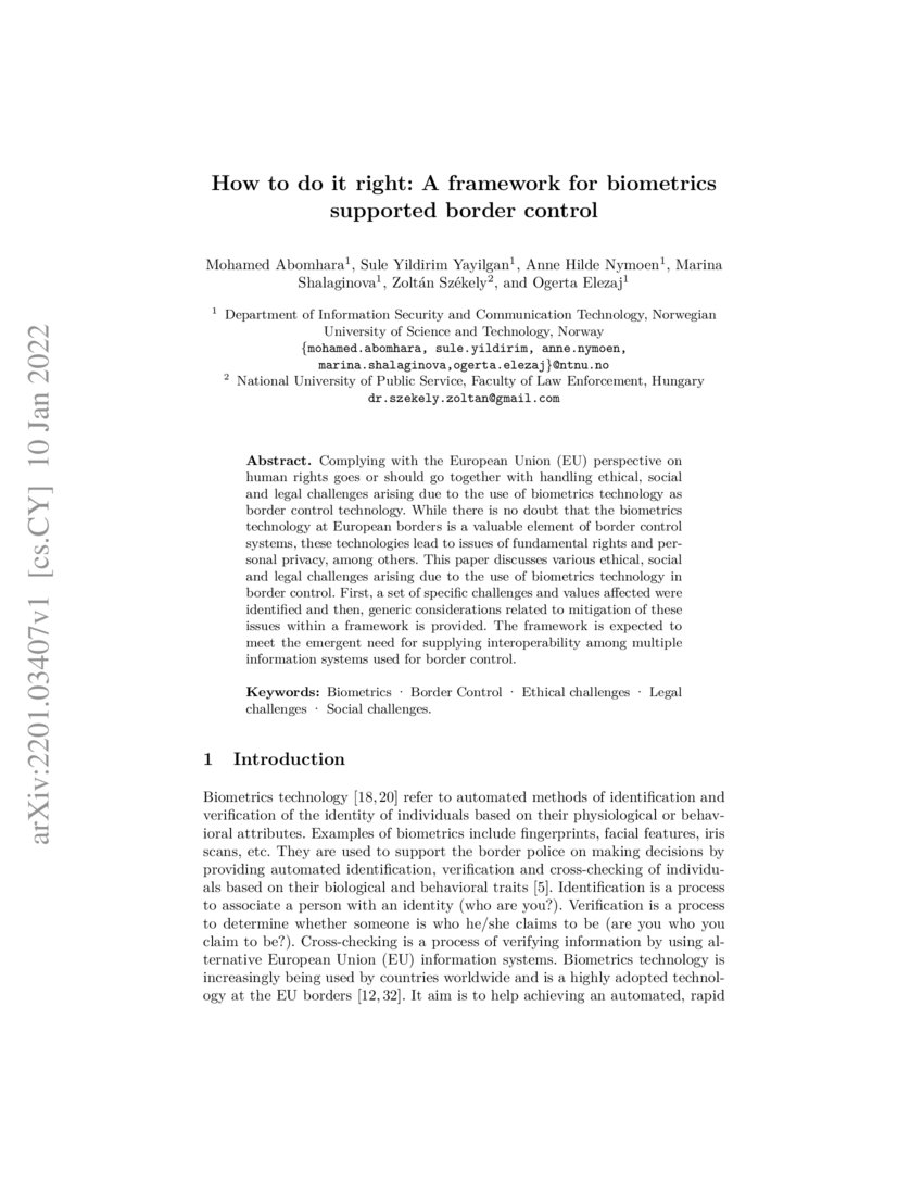 How to Do It Right: A Framework for Biometrics Supported Border Control ...