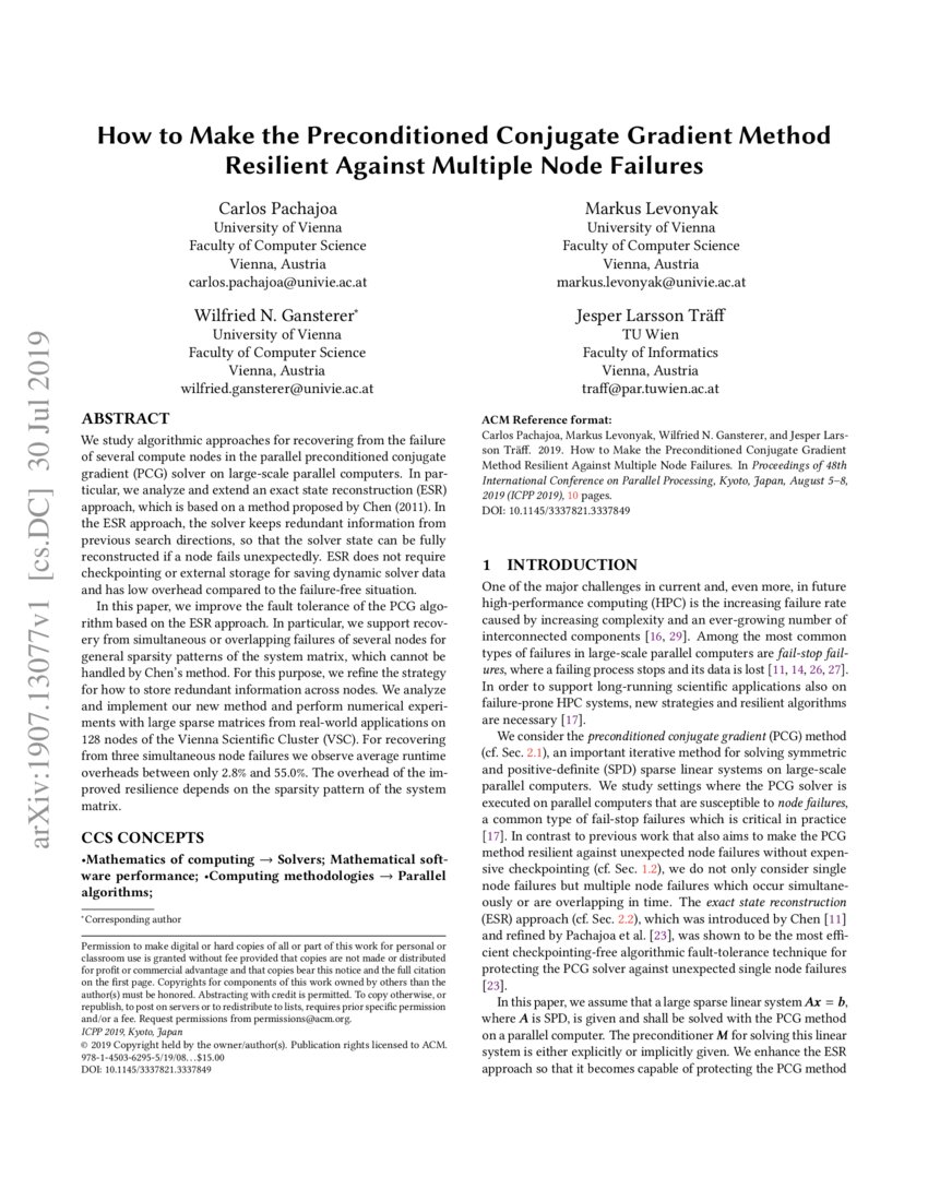 How To Make The Preconditioned Conjugate Gradient Method Resilient Against Multiple Node