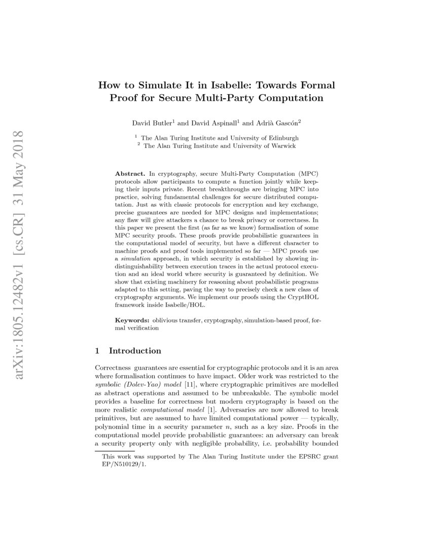 How To Simulate It In Isabelle Towards Formal Proof For Secure Multi Party Computation Deepai
