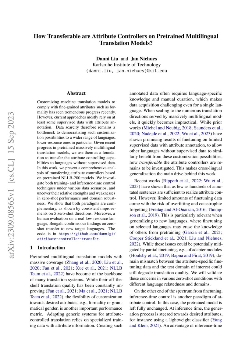 How Transferable are Attribute Controllers on Pretrained Multilingual Translation Models? | DeepAI