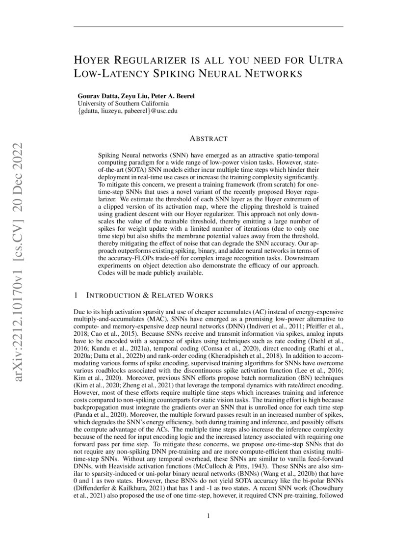 Hoyer Regularizer Is All You Need For Ultra Low Latency Spiking Neural Networks Deepai