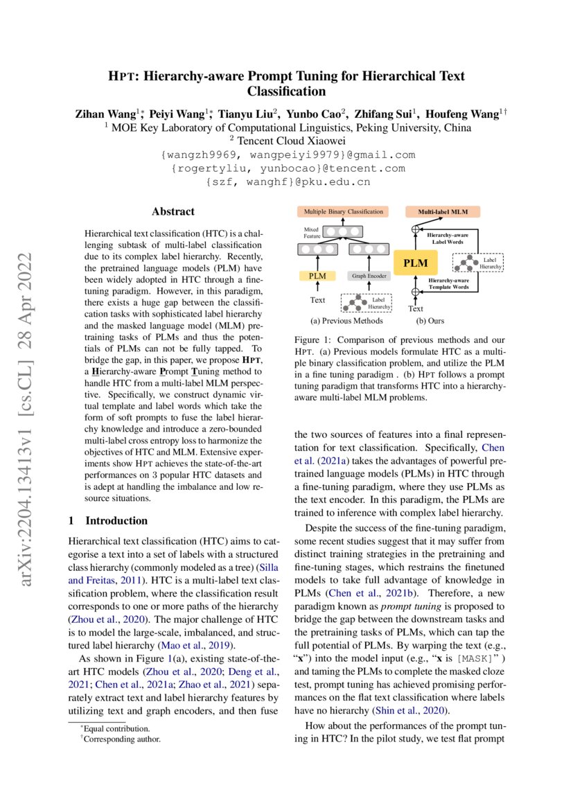 HPT: Hierarchy-aware Prompt Tuning for Hierarchical Text Classification | DeepAI