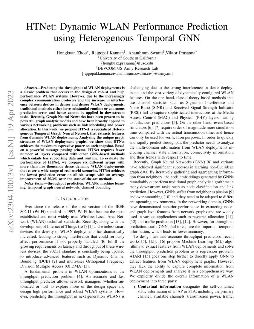 HTNet: Dynamic WLAN Performance Prediction using Heterogenous Temporal GNN | DeepAI