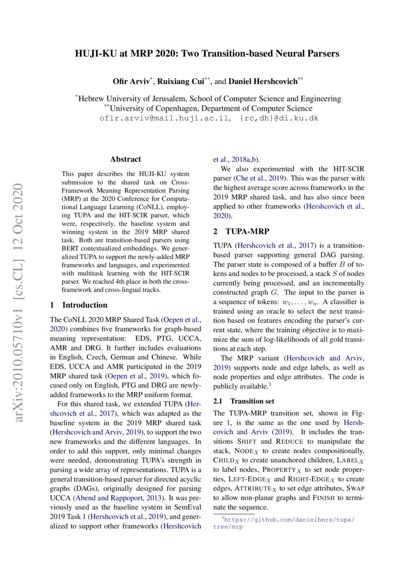 HUJI-KU at MRP 2020: Two Transition-based Neural Parsers | DeepAI