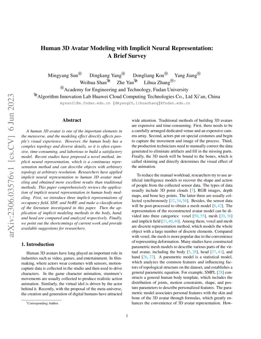 Human 3D Avatar Modeling with Implicit Neural Representation: A Brief Survey | DeepAI