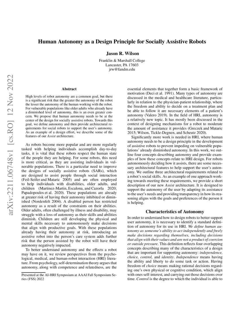 Human Autonomy as a Design Principle for Socially Assistive Robots | DeepAI