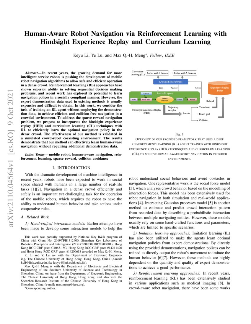 Human Aware Robot Navigation Via Reinforcement Learning With Hindsight Experience Replay And