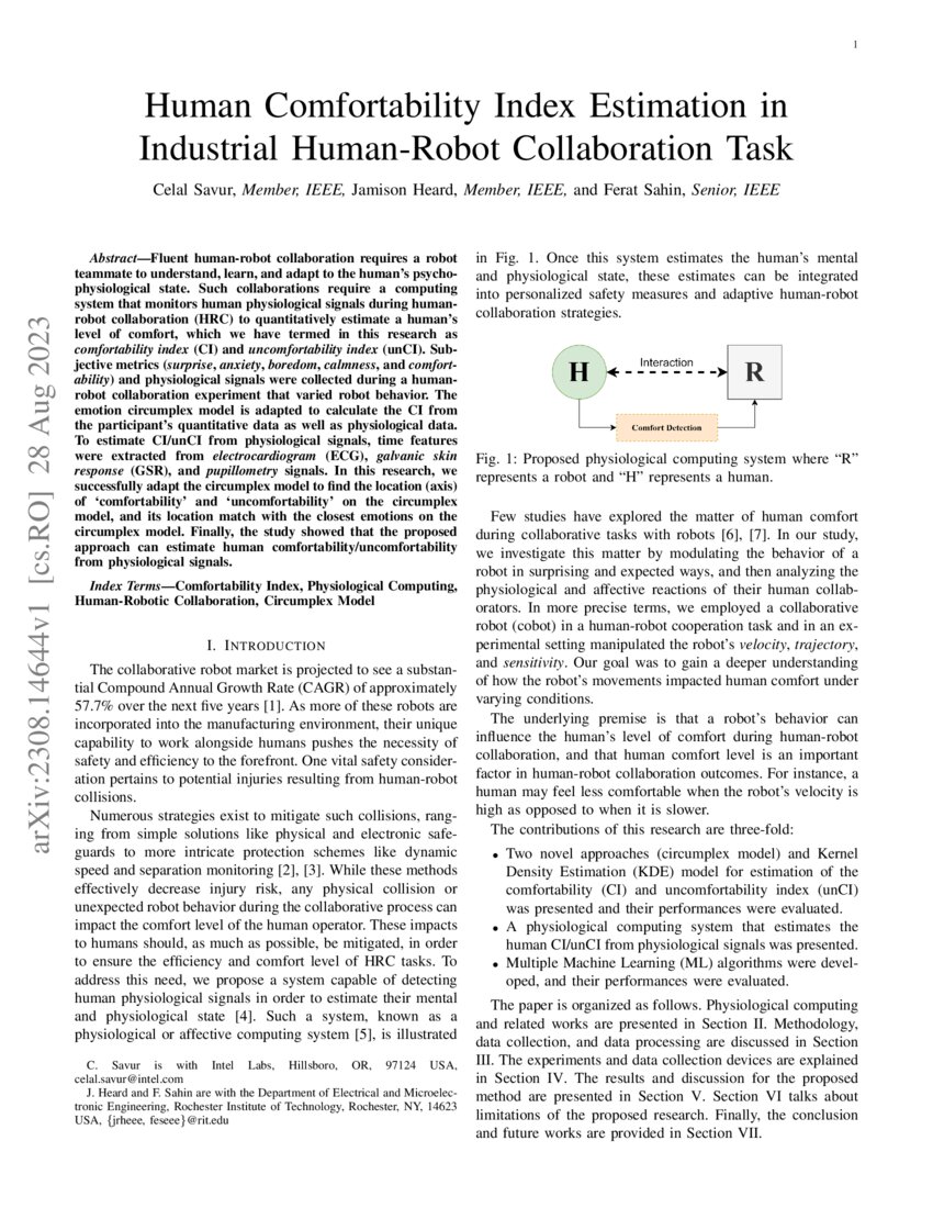 Human Comfortability Index Estimation in Industrial Human-Robot ...