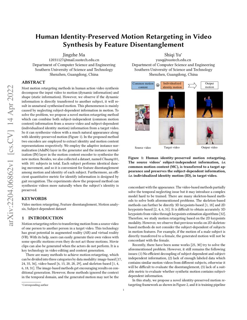 Human Identity Preserved Motion Retargeting In Video Synthesis By Feature Disentanglement Deepai 