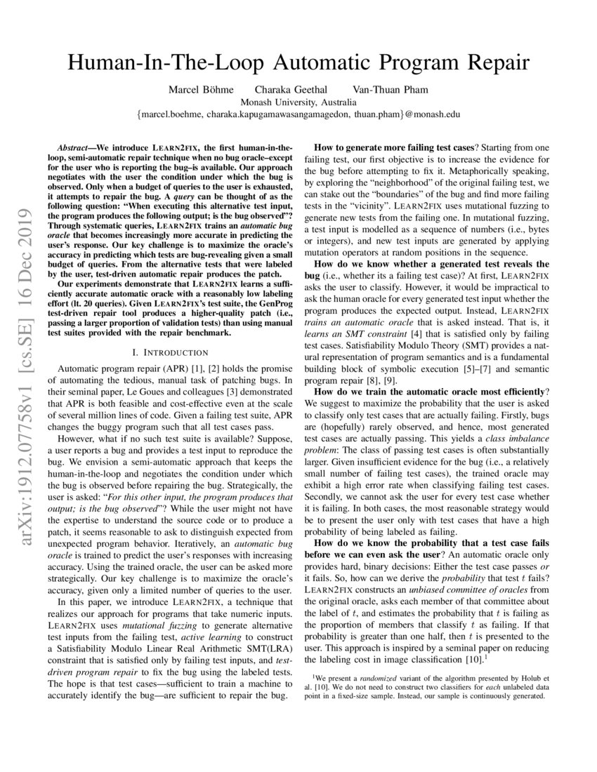 Human-In-The-Loop Automatic Program Repair | DeepAI