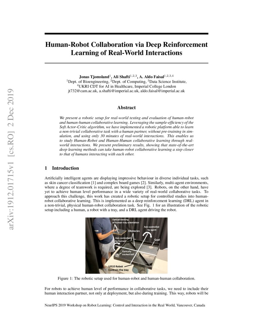 Human-Robot Collaboration via Deep Reinforcement Learning of Real-World ...