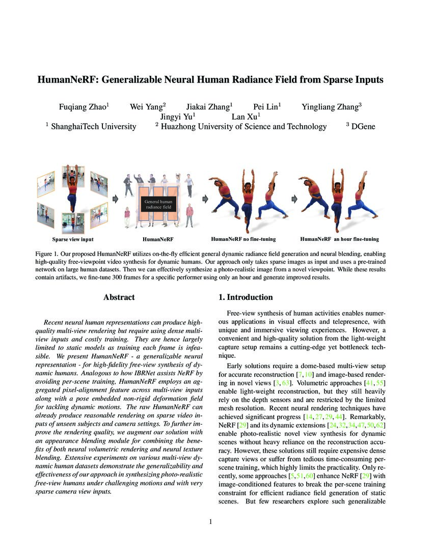 HumanNeRF: Generalizable Neural Human Radiance Field from Sparse Inputs | DeepAI