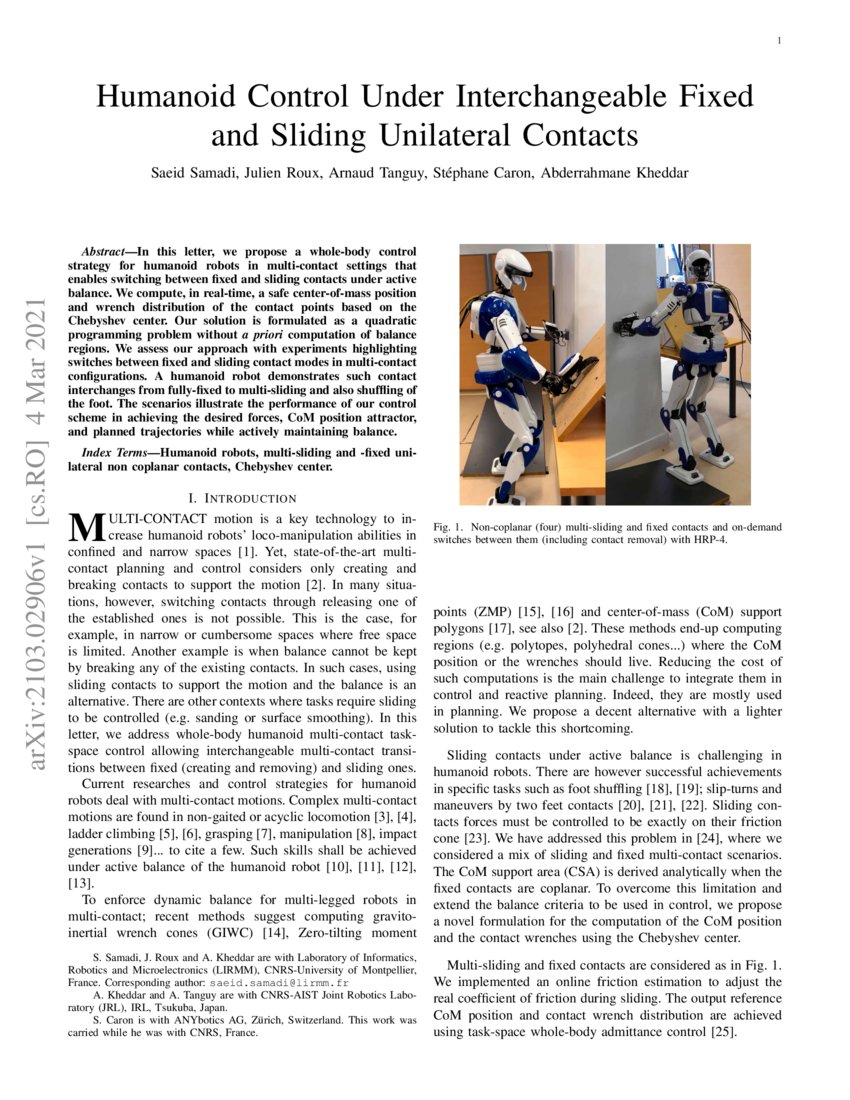 Humanoid Control Under Interchangeable Fixed and Sliding Unilateral ...
