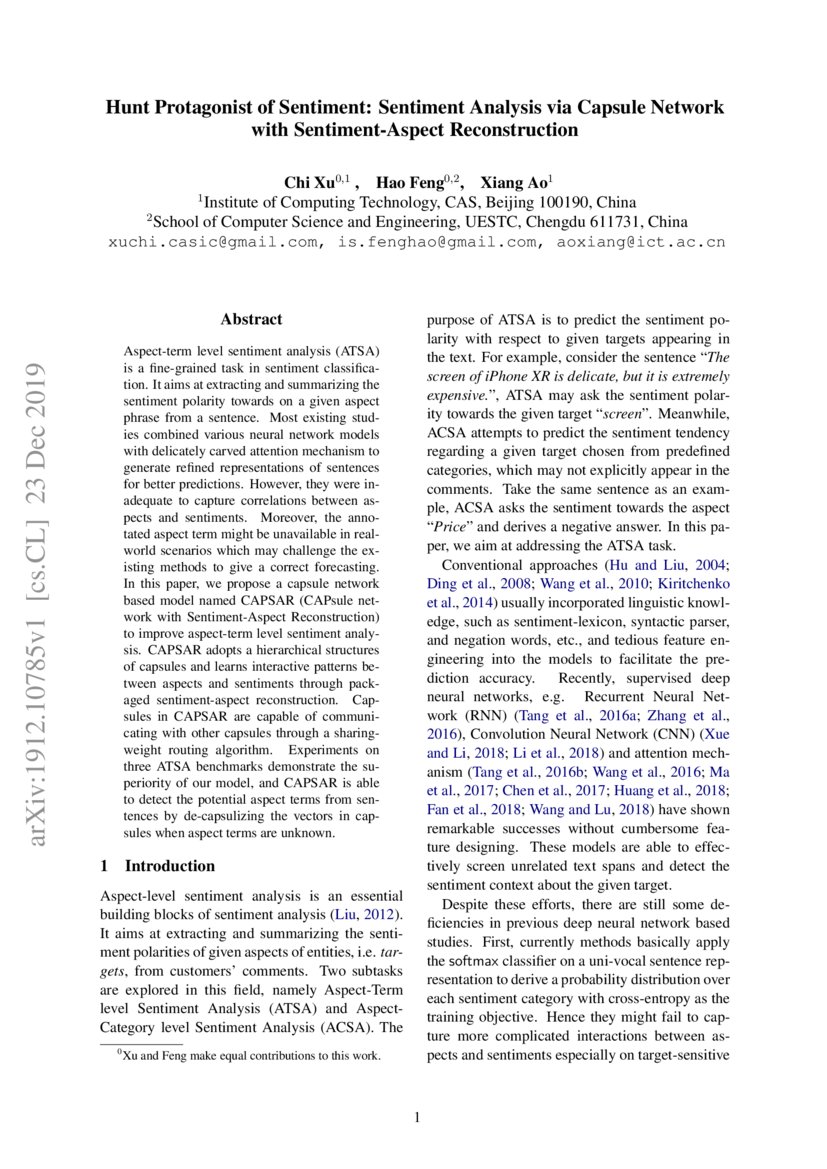 Hunt Protagonist of Sentiment: Sentiment Analysis via Capsule Network with Sentiment-Aspect ...