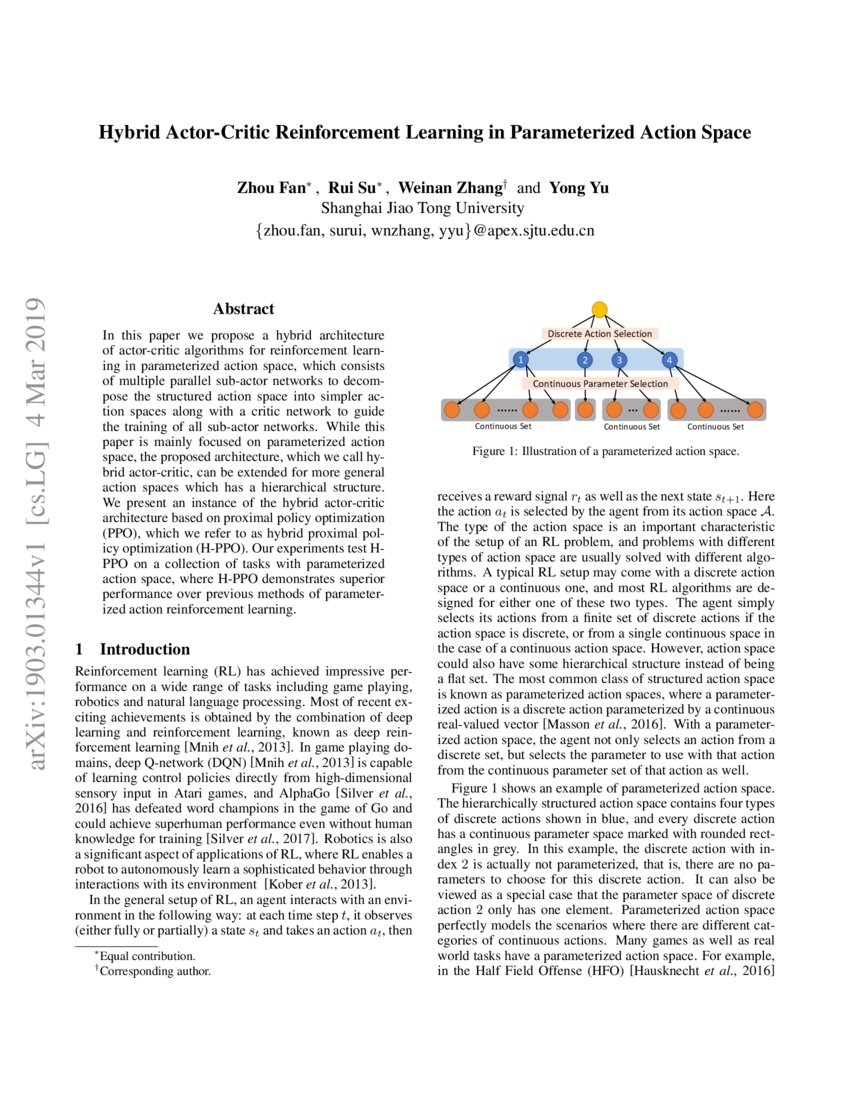 Hybrid Actor-Critic Reinforcement Learning in Parameterized Action Space | DeepAI