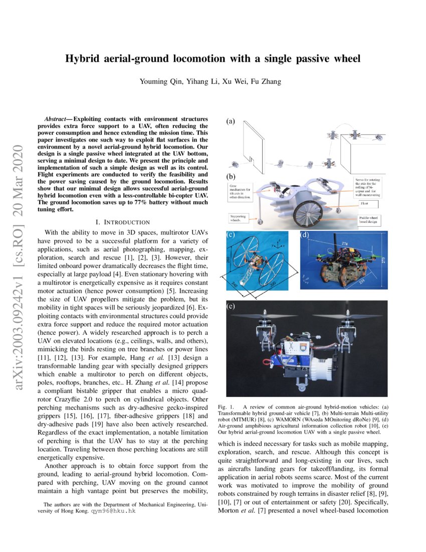 Hybrid aerial ground locomotion with a single passive wheel | DeepAI