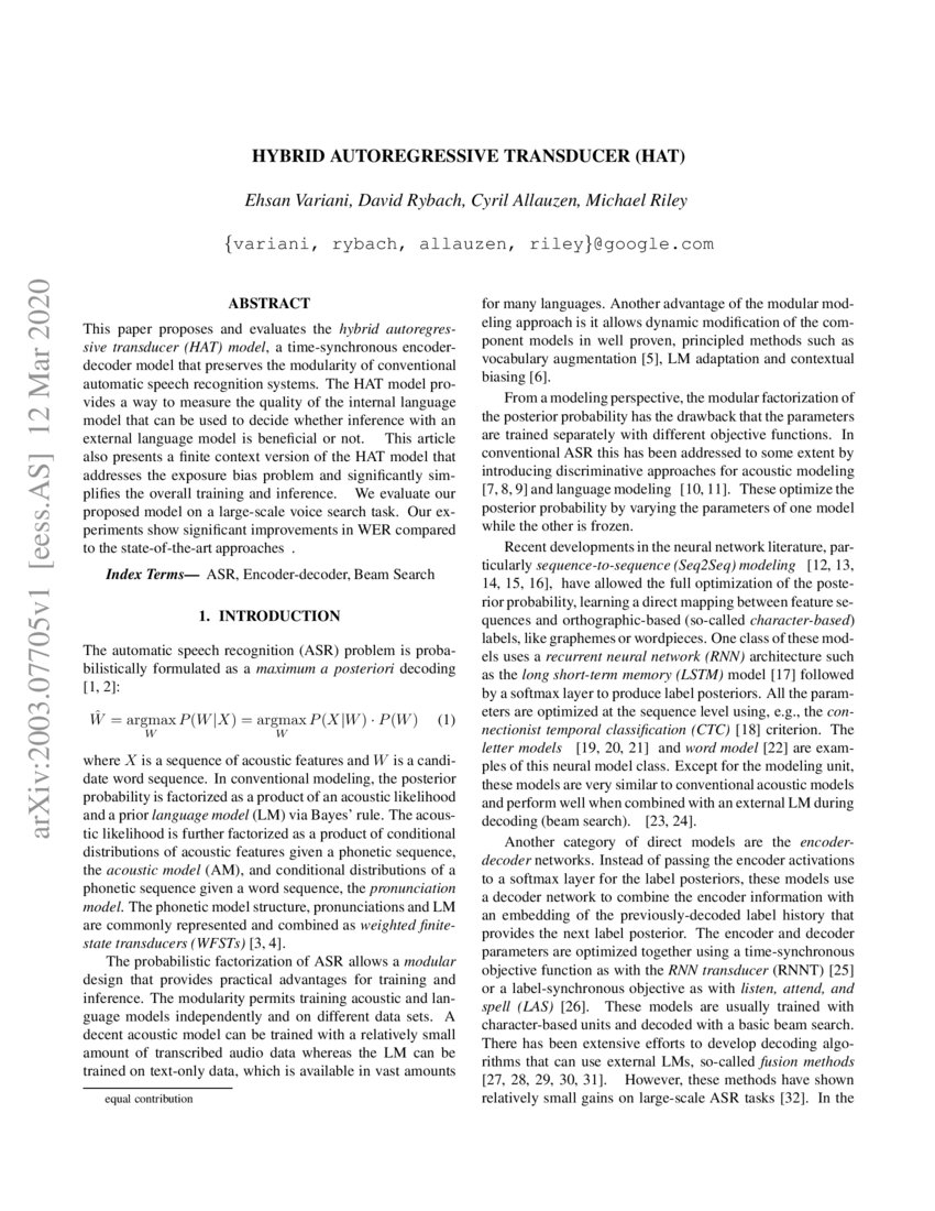 Hybrid Autoregressive Transducer (hat) | DeepAI