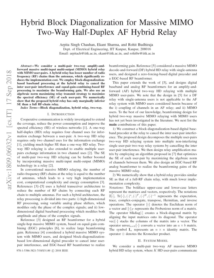 Hybrid Block Diagonalization for Massive MIMO Two-Way Half-Duplex AF Hybrid Relay | DeepAI