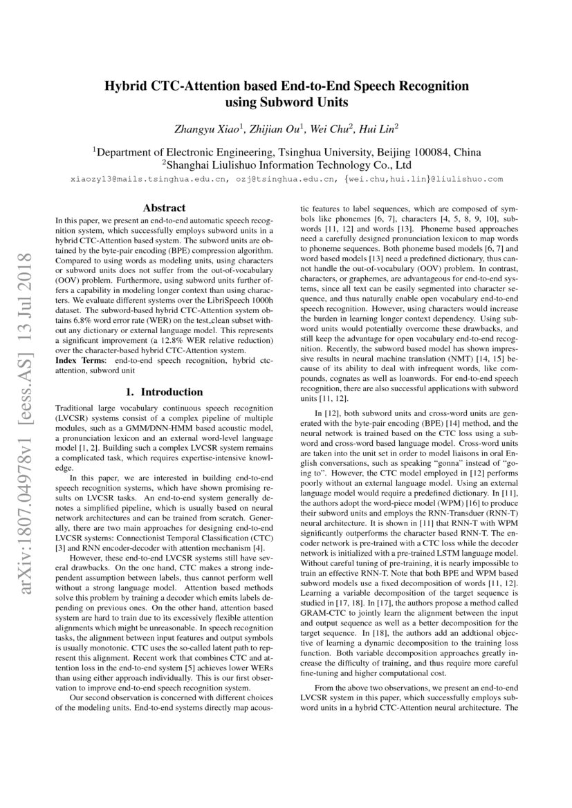 Hybrid CTC-Attention based End-to-End Speech Recognition using Subword ...