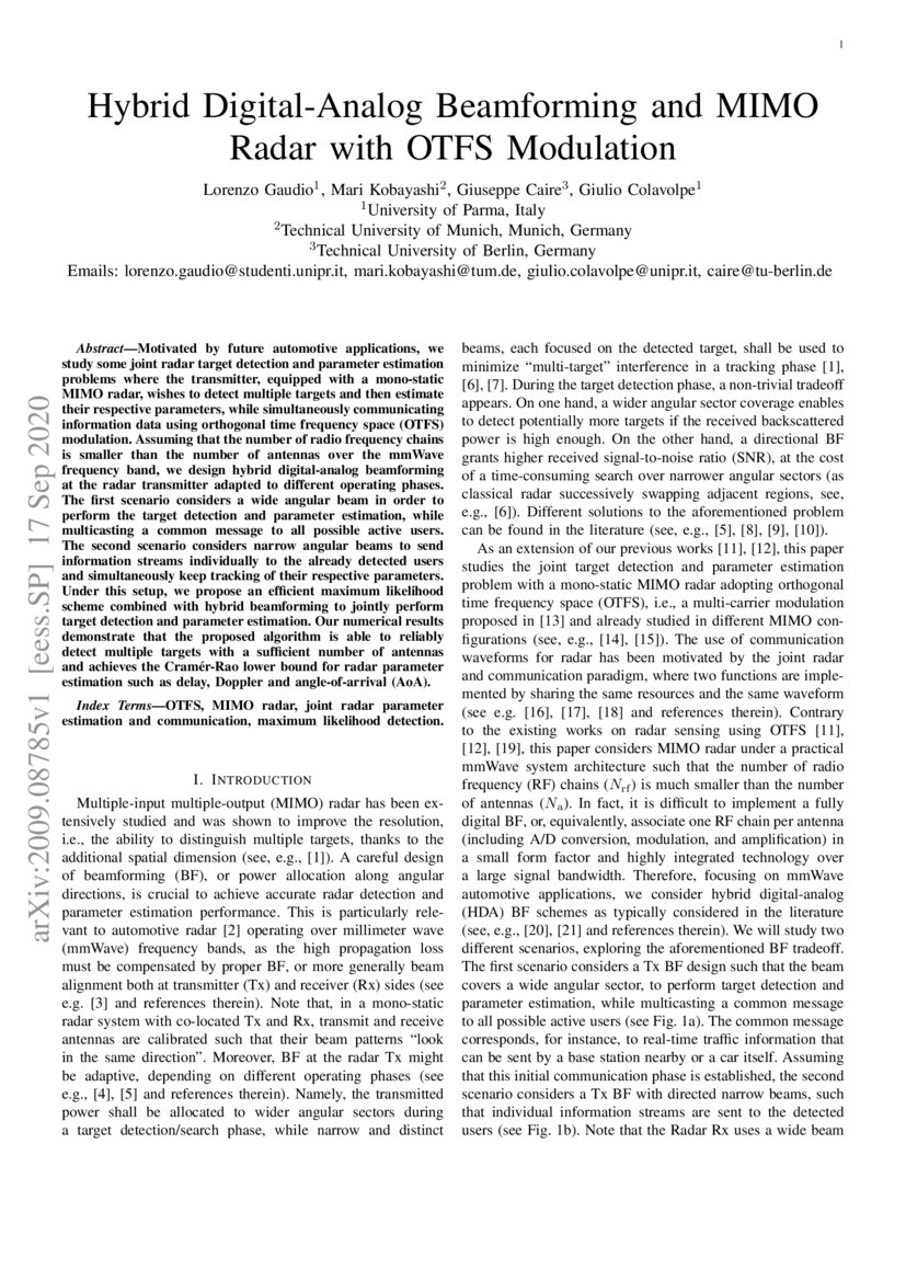 Hybrid Digital Analog Beamforming And Mimo Radar With Otfs Modulation Deepai