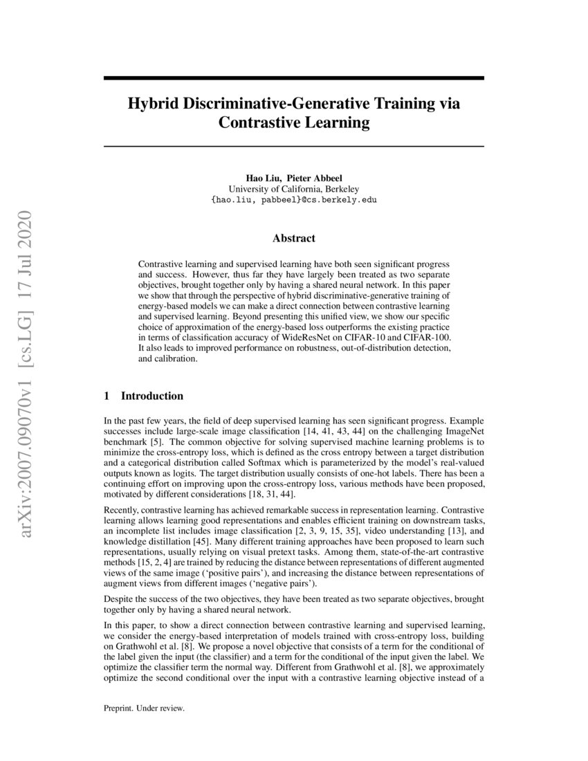 Hybrid Discriminative-Generative Training via Contrastive Learning | DeepAI