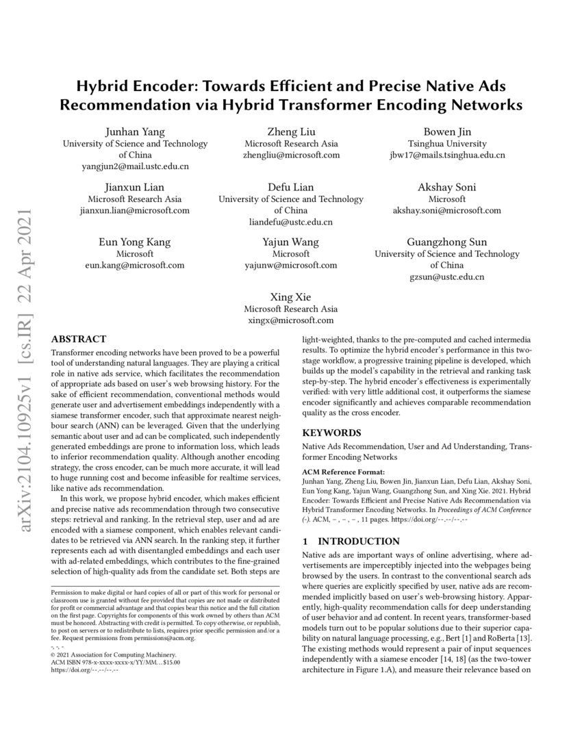 Hybrid Encoder: Towards Efficient and Precise Native AdsRecommendation via Hybrid Transformer ...