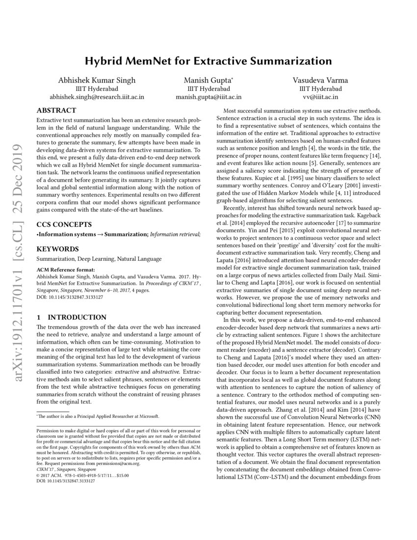 Hybrid MemNet for Extractive Summarization | DeepAI