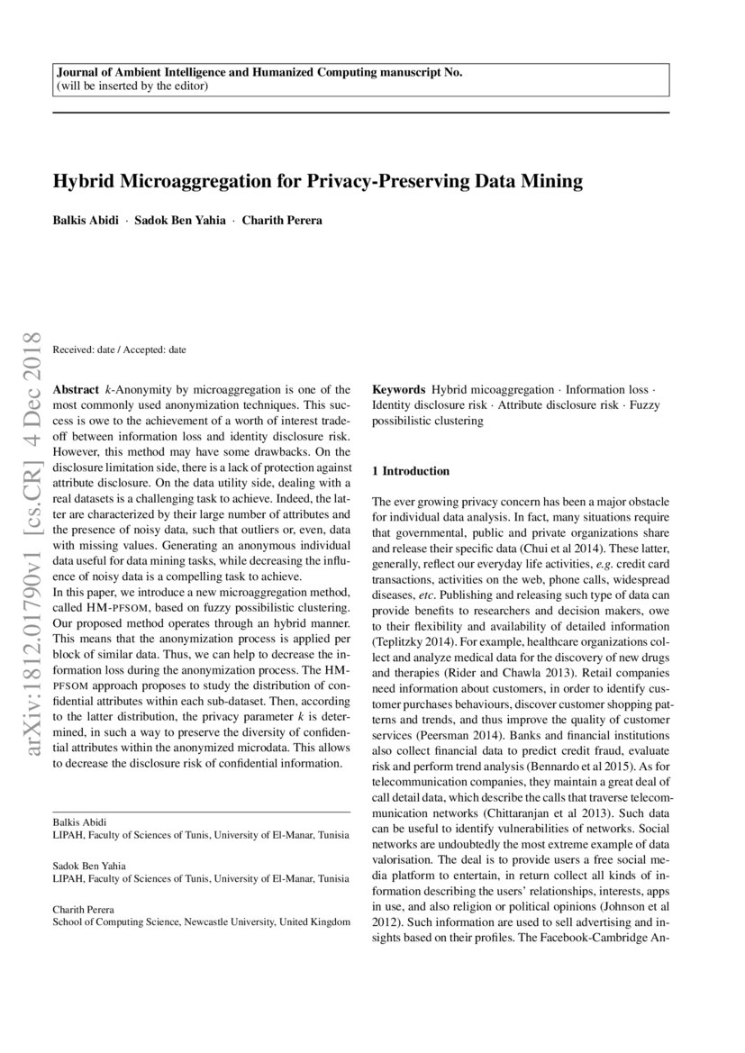 Hybrid Microaggregation for Privacy-Preserving Data Mining | DeepAI