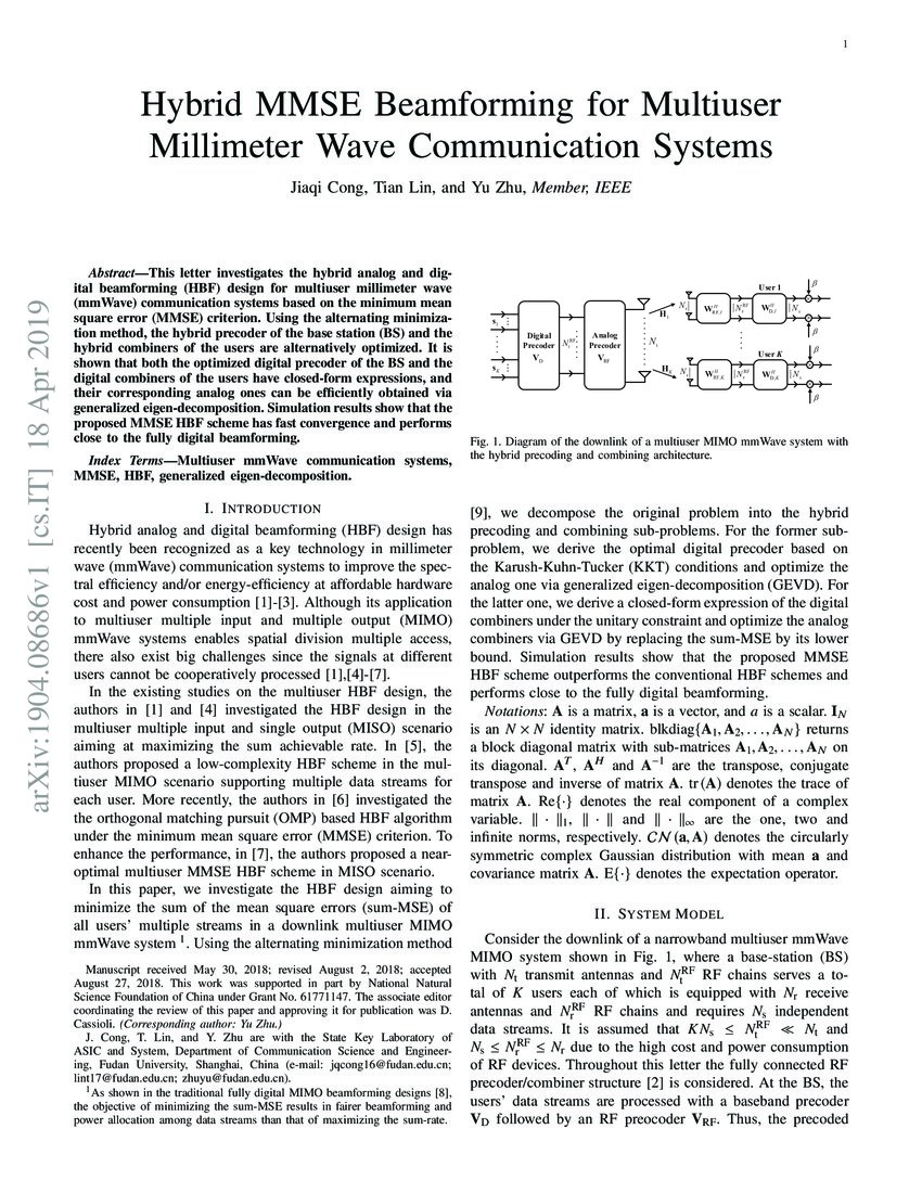 Hybrid MMSE Beamforming for Multiuser Millimeter Wave Communication ...