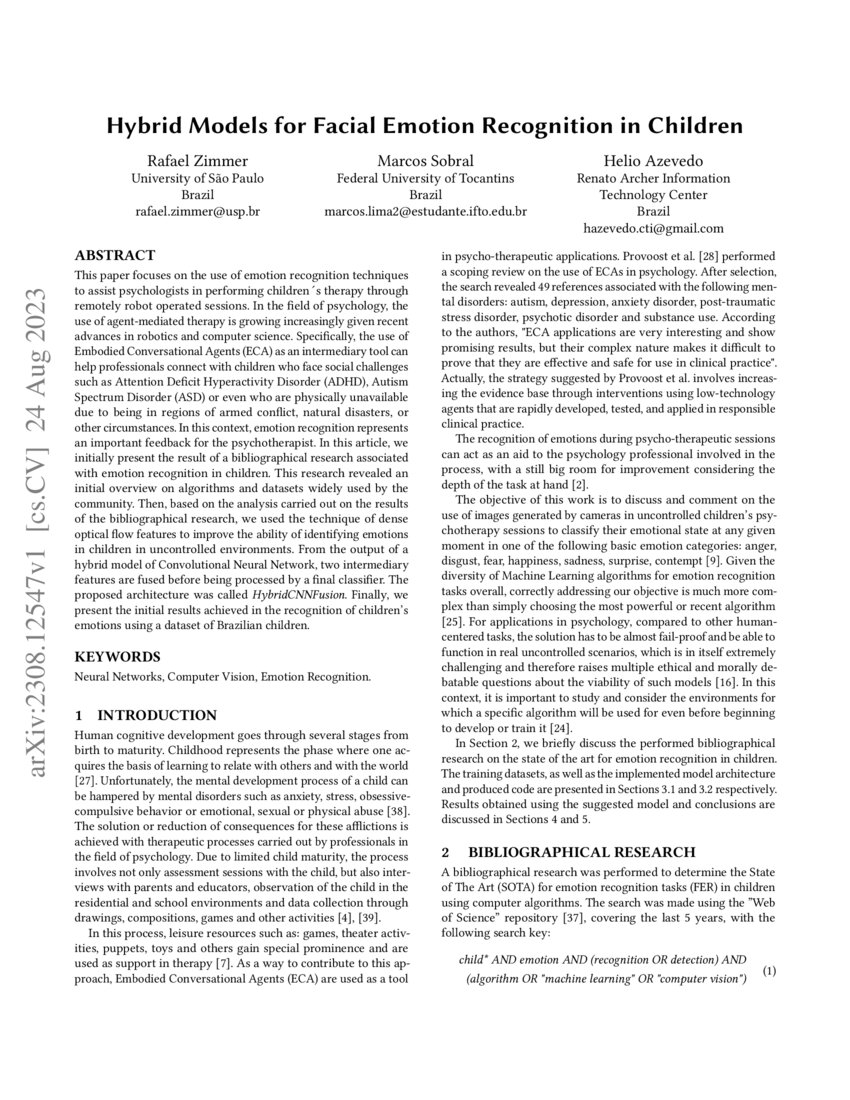 Hybrid Models for Facial Emotion Recognition in Children | DeepAI