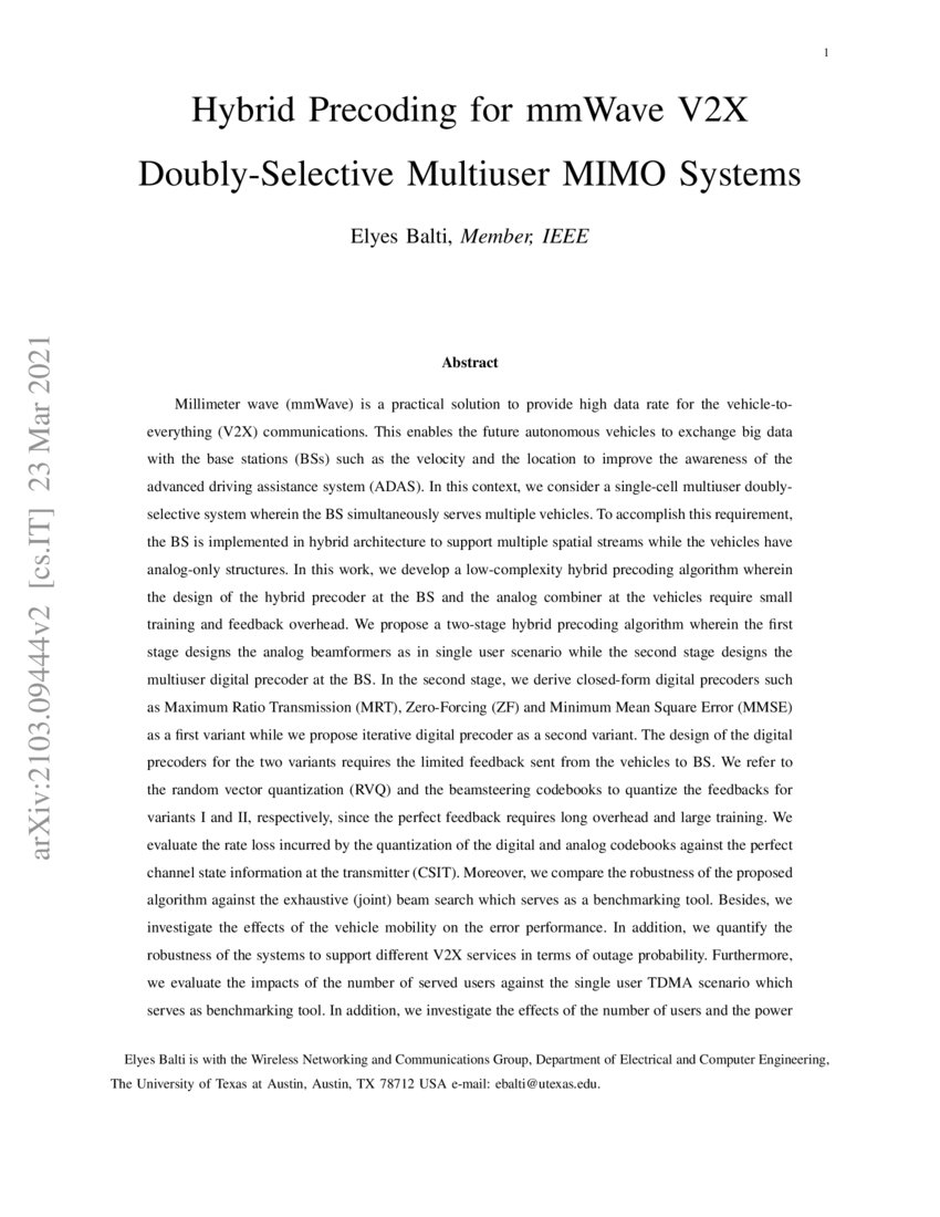 Hybrid Precoding For Mmwave V2x Doubly Selective Multiuser Mimo Systems
